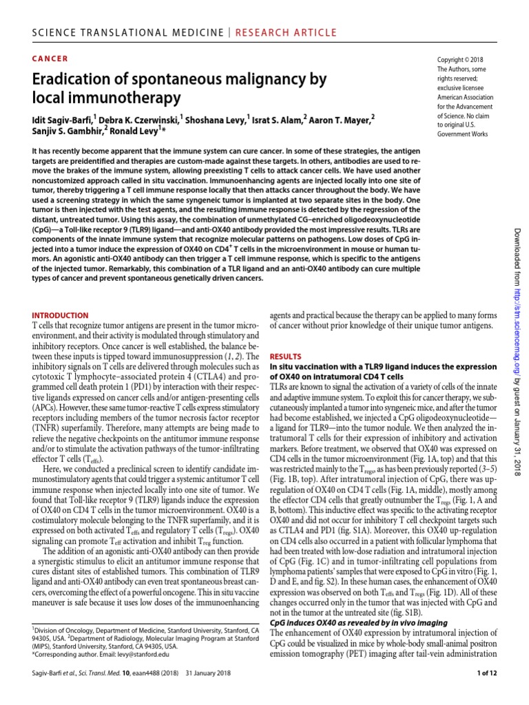 Eradication of Spontaneous Malignancy by Local Immunotherapy | PDF ...