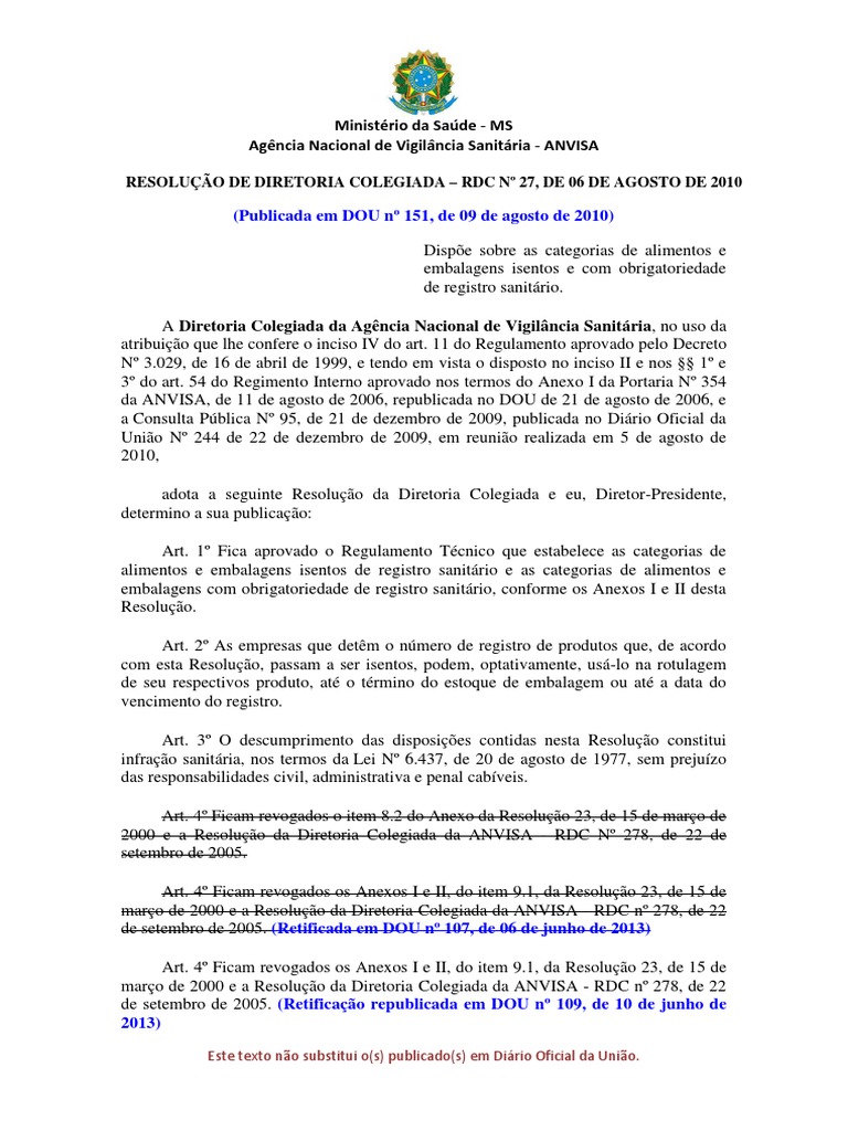 RDC - 27 - 2010 - Isenção e Obrigatoriedade de Registro PDF | PDF ...