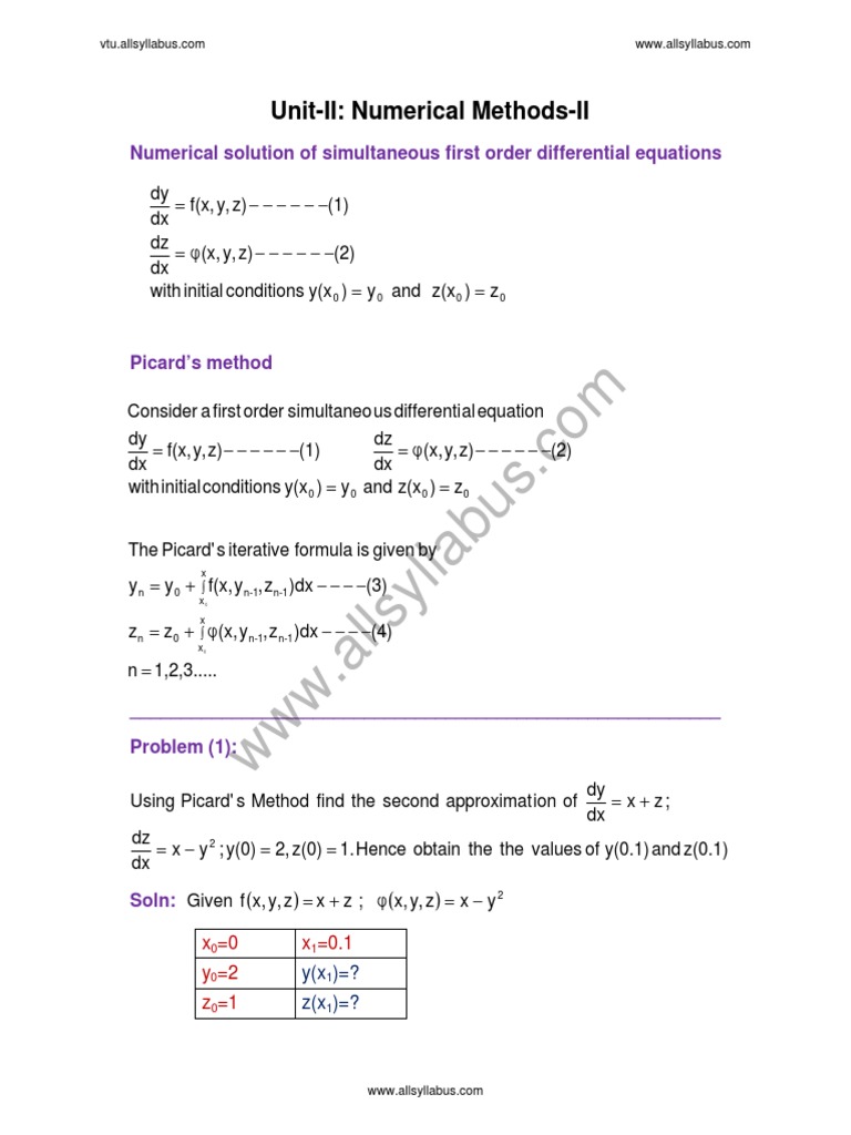 Unit-II: Numerical Methods-II: Numerical Solution of Simultaneous First Order Differential ...