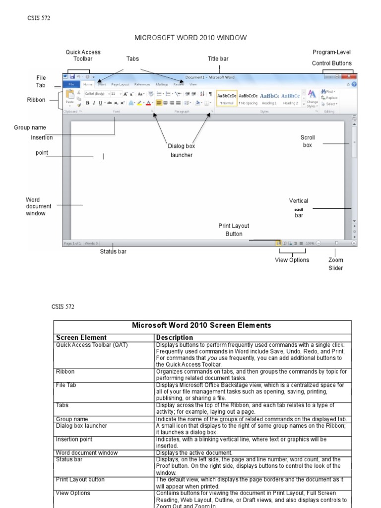 Microsoft Word 2010 Window: CSIS 572 | PDF | Button (Computing) | Tab (Gui)
