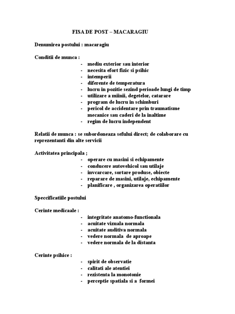 Fisa de Post Macaragiu | PDF