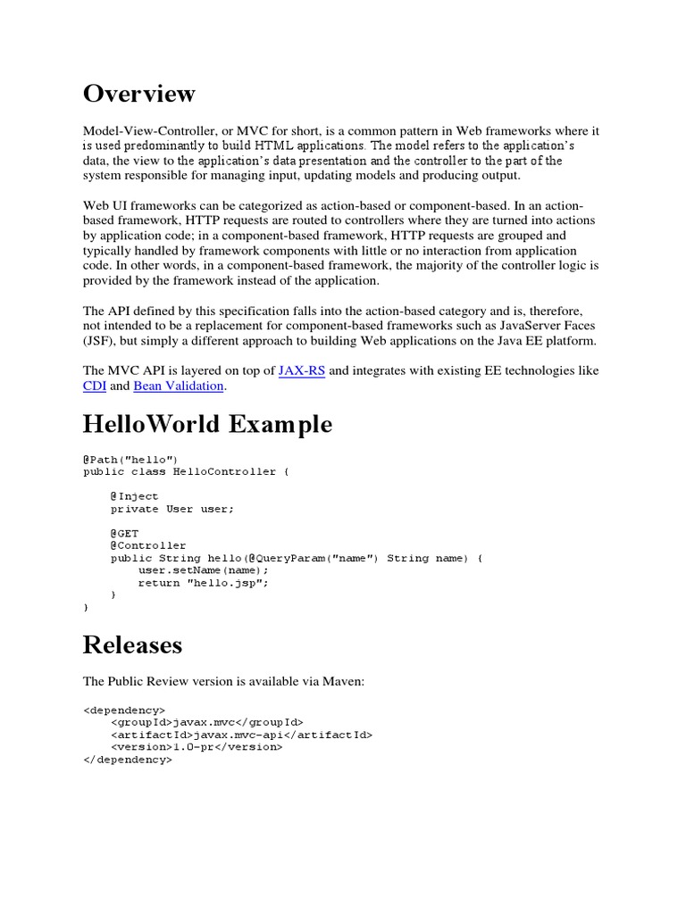 JSR 371 Model-View-Controller Specification Example | PDF