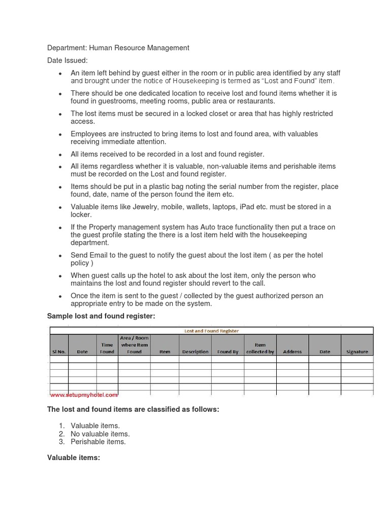 Hotel Lost and Found Policy Overview | PDF | Business