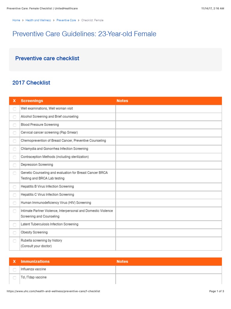 Preventive Care: Female Checklist - UnitedHealthcare | PDF | Preventive ...