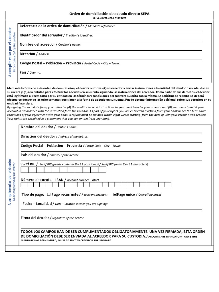 Mandato SEPA para Cumplimentar | PDF | Bancario | Servicios financieros