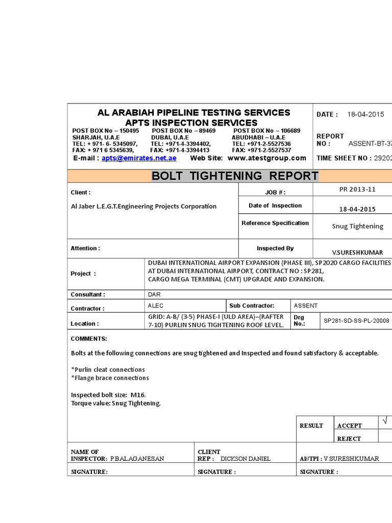 Bolt Tightening report