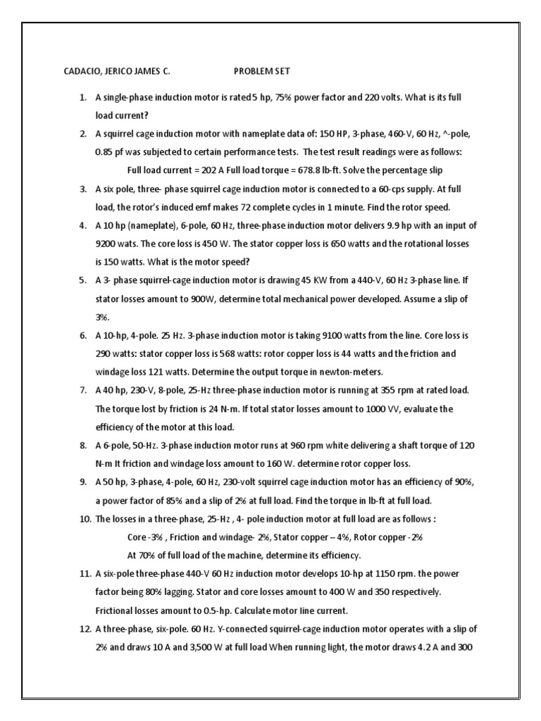 Three-Phase Induction Motor Problem Set | PDF | Engines | Electrical Equipment