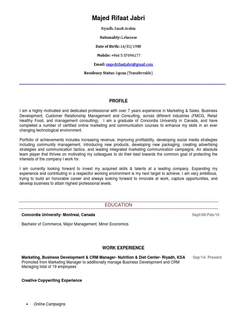 Jabri Majed CV - 2018 | PDF | Customer Relationship Management | Sales