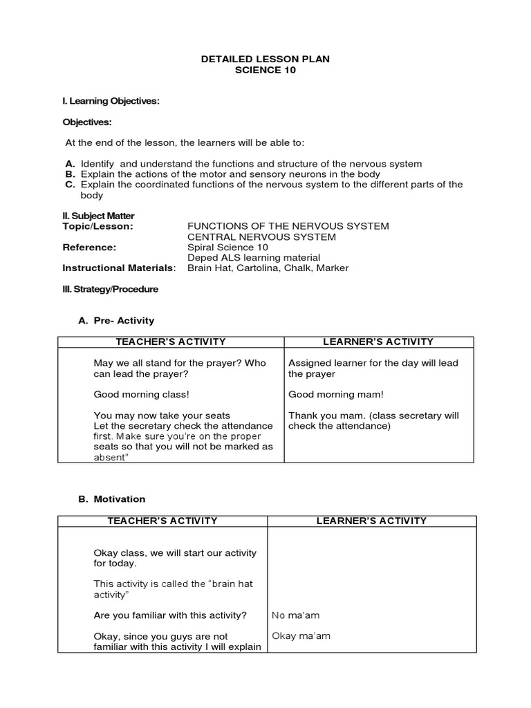 Lesson Plan Nervous System | Download Free PDF | Central Nervous System ...