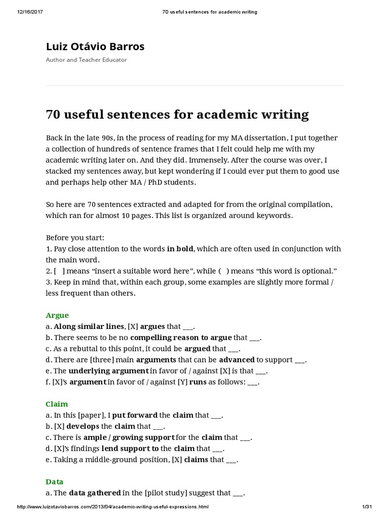 70 Useful Sentences For Academic Writing | PDF | Grammatical Number ...