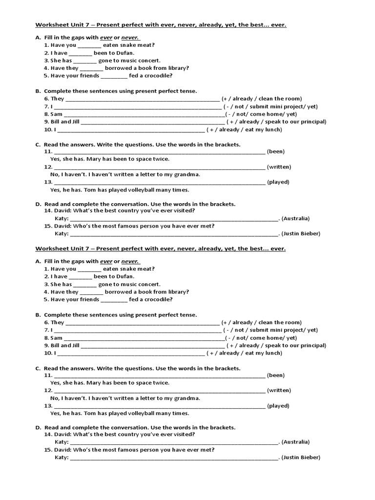 Present Perfect Exercises: Ever, Never, Yet | PDF | Cognitive Science ...