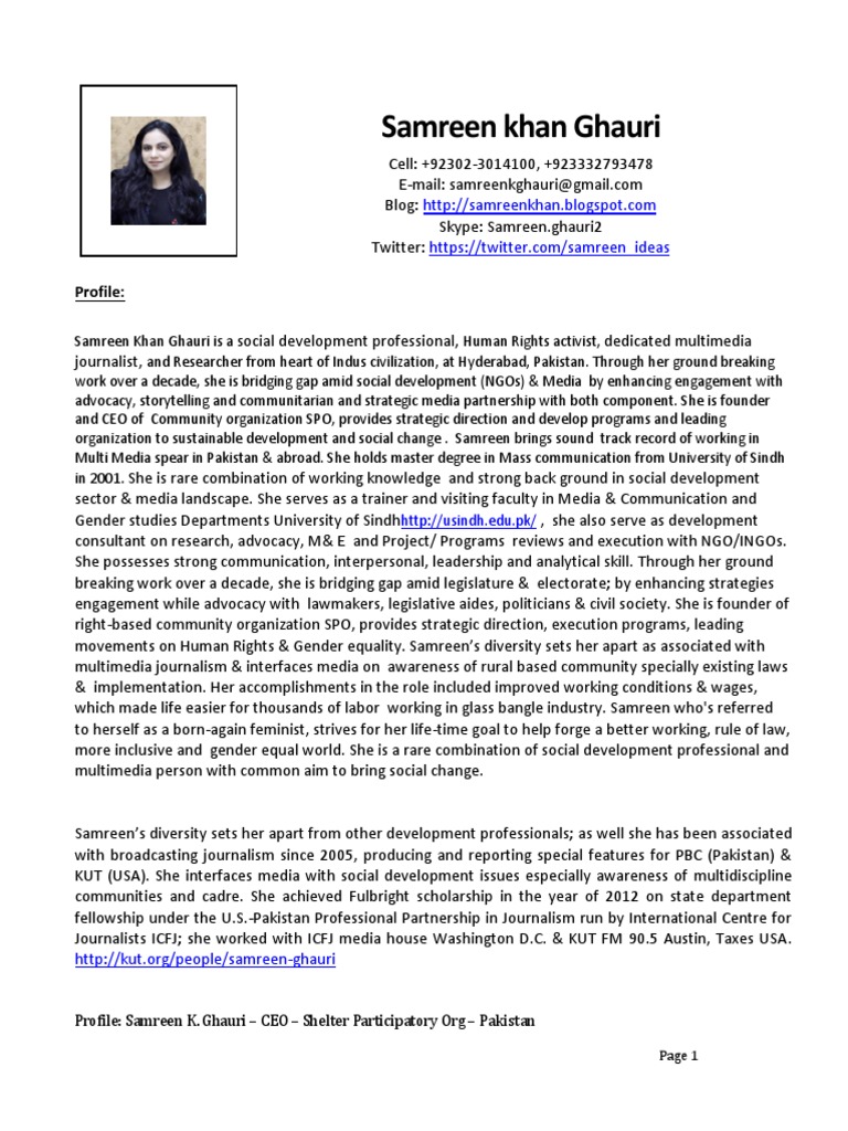 CV - Samreen Khan Ghauri, Pakistan | PDF | Non Governmental Organization | Journalism