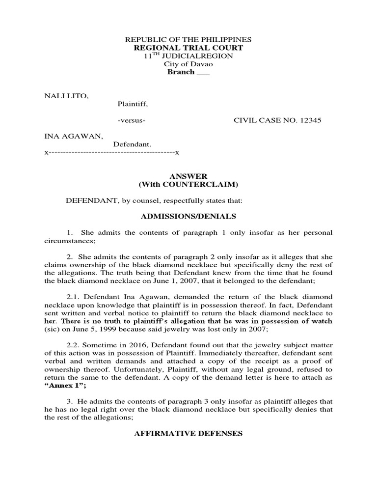 Answer With Counterclaim Interpleader | Lawsuit | Virtue