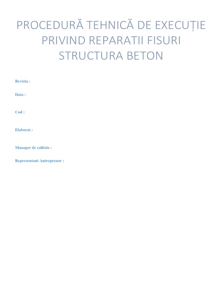 Procedura Tehnica de Executie Privind Reparatii Fisuri Structura Beton | PDF