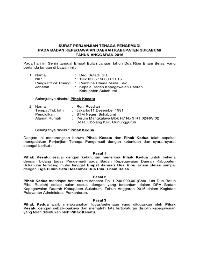 Surat Perjanjian Tenaga Pengemudi - Roni | PDF