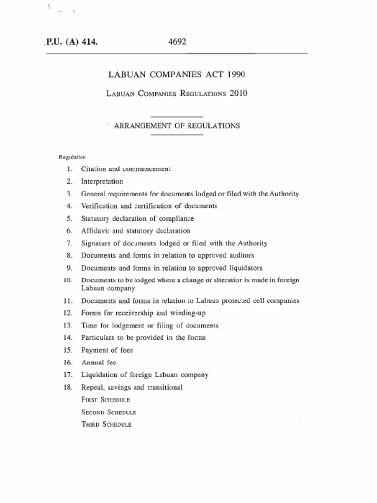 Labuan Companies Regulations 2010 Pu A 414 2010 | PDF