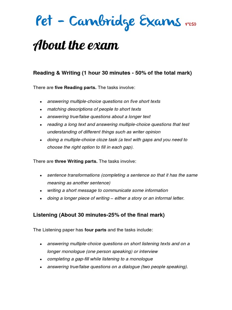 About The Exam: Pet - Cambridge Exams | PDF