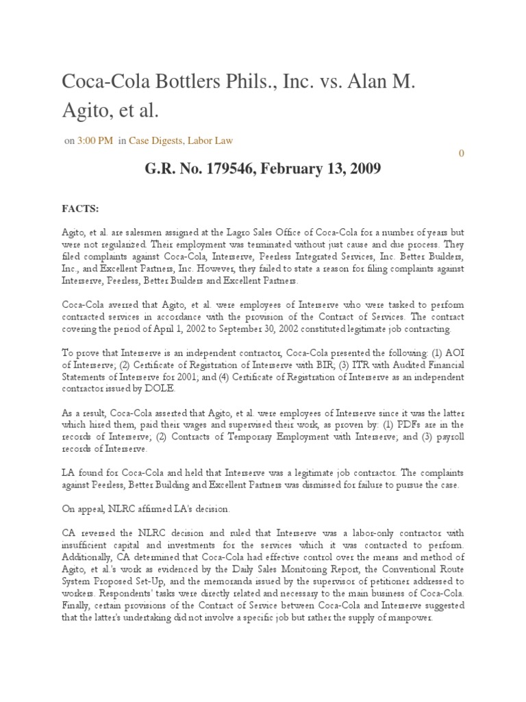 Coca Cola Bottlers Phils Inc Vs Alan M Agito Et Al G R No
