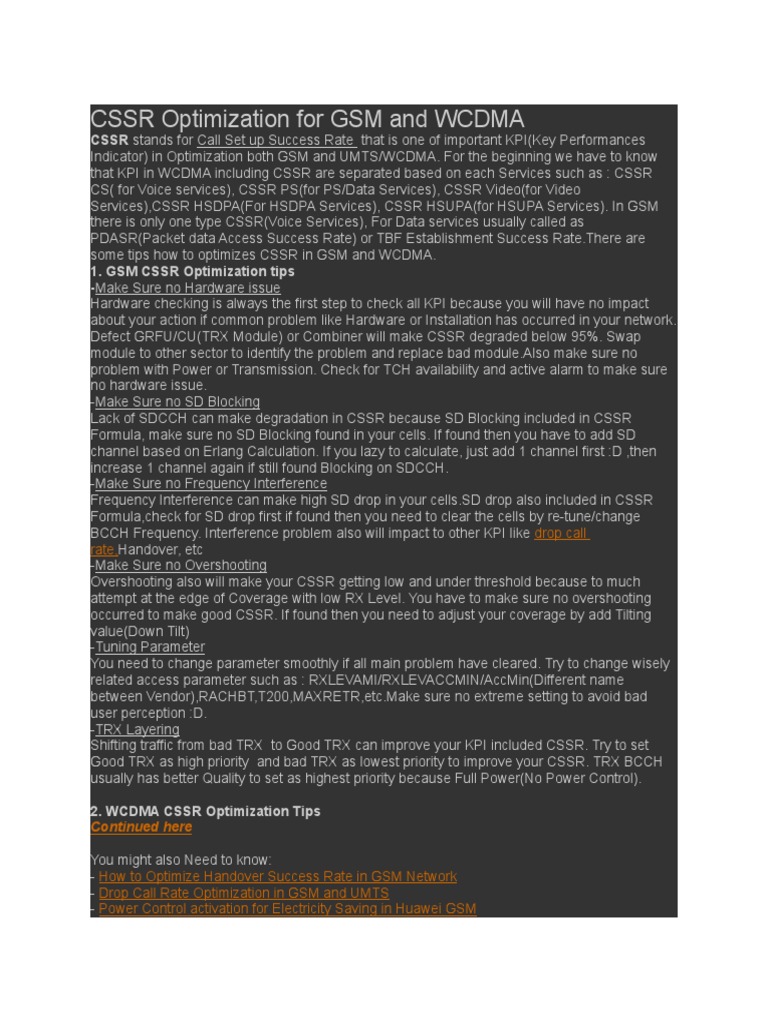 CSSR Optimization For GSM and WCDMA | PDF | Gsm | High Speed Packet Access