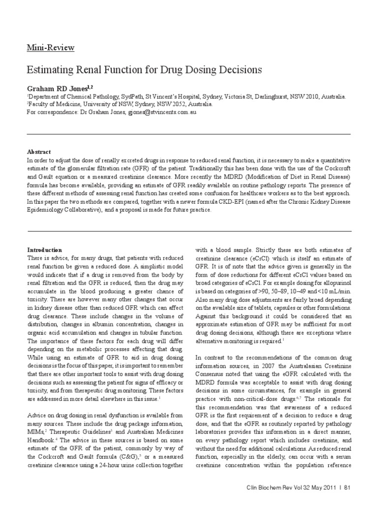 Estimating Renal Function For Drug Dosing Decisions: Mini-Review | PDF ...