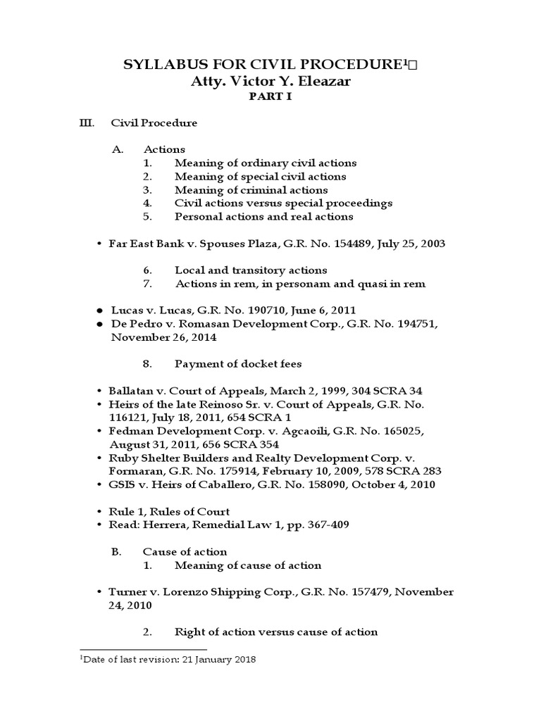 Guide to Civil Procedure: An Annotated Syllabus for Actions, Parties ...