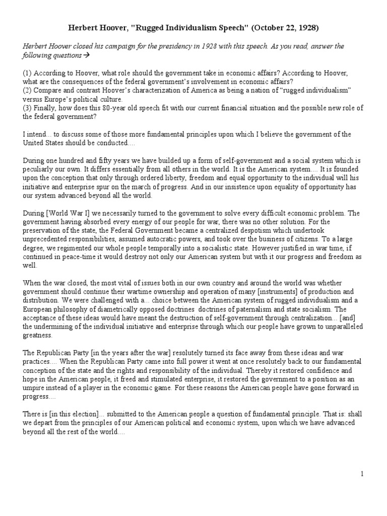 Herbert Hoover Speech On Rugged Individualism | PDF | Liberty | Liberalism