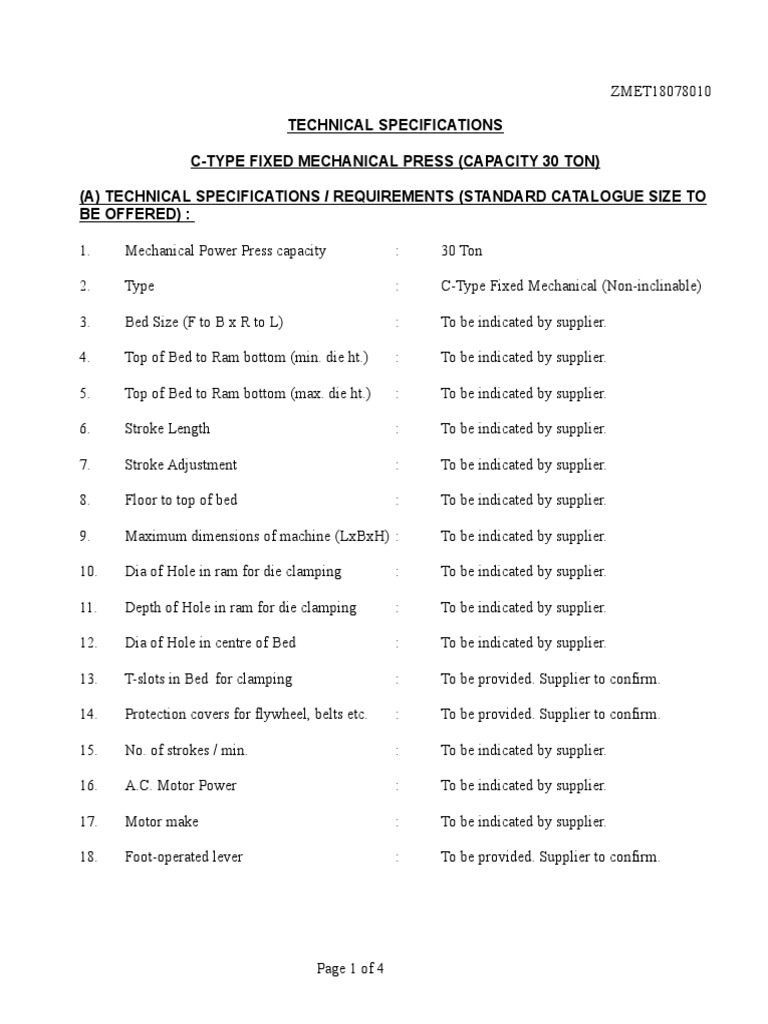 Technical Specifications For Mechanical Power Press 30T Cap | PDF ...