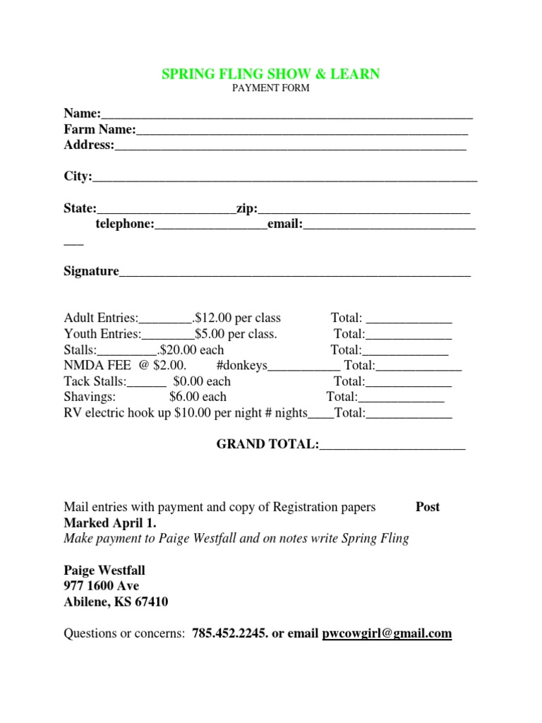 Spring Fling Show & Learn: Make Payment To Paige Westfall and On Notes ...