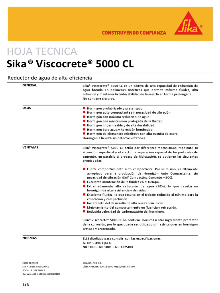 5.1. FT Sika Viscocrete 5000 CL Rev.2 20.04.15 | PDF | Hormigón pretensado | Cemento