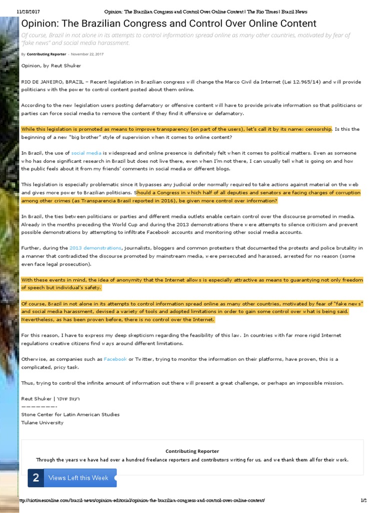 Opinion - The Brazilian Congress and Control Over Online Content - The ...