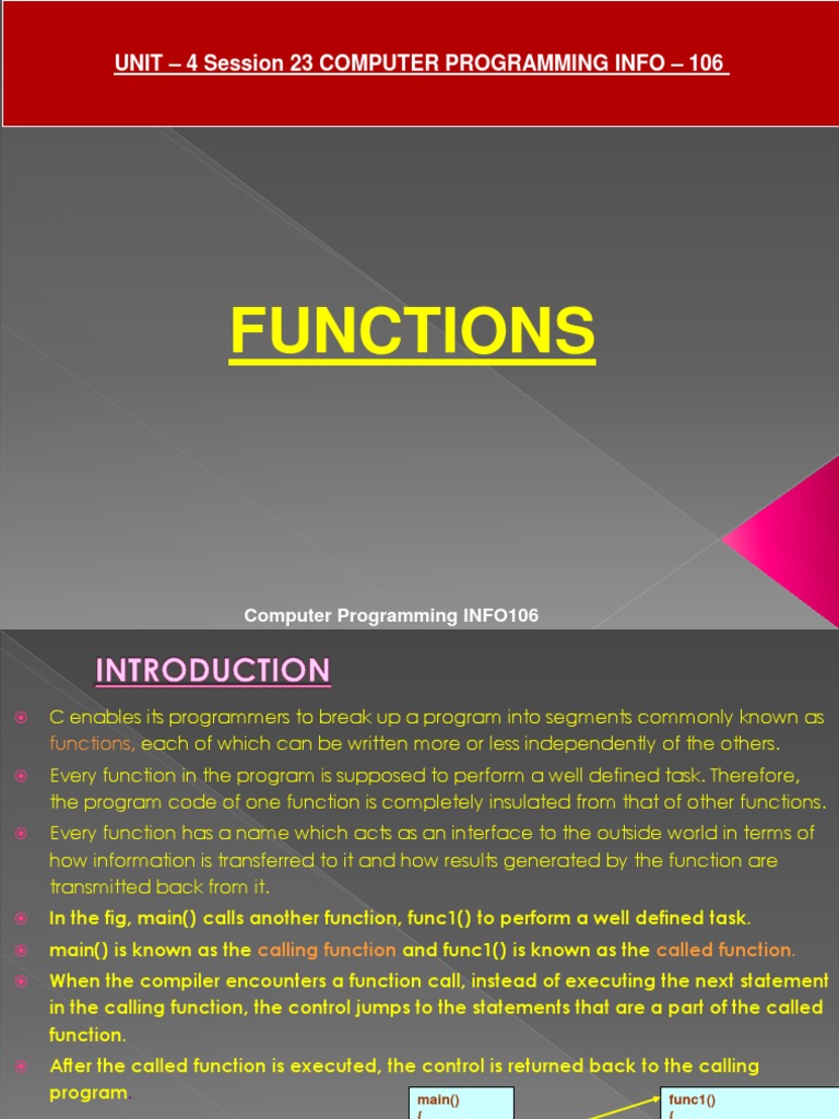 Functions: Unit - 4 Session 23 Computer Programming Info - 106 | PDF | Parameter (Computer ...