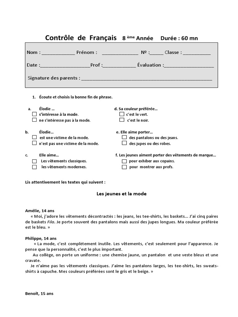 Contrôle de Français 8ème Année | PDF | Vêtements | Mode