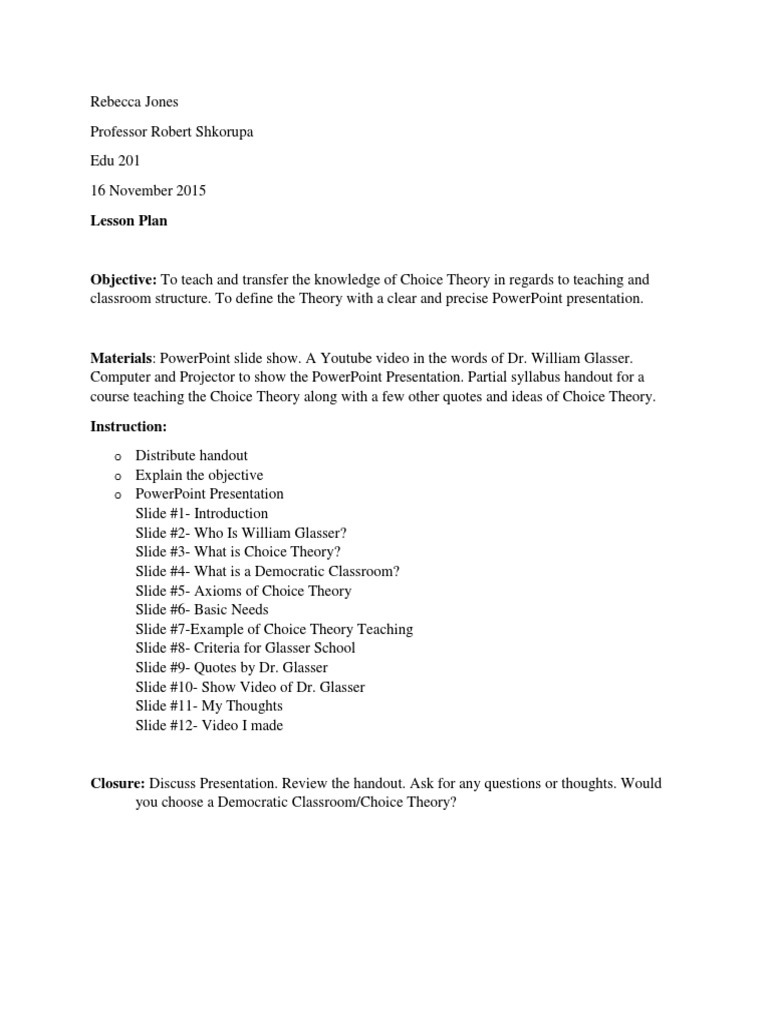 Choice Theory in Democratic Classrooms | PDF | Theory | Lesson Plan