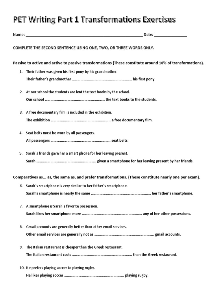 PET Writing Part 1 Transformations Exercises | PDF