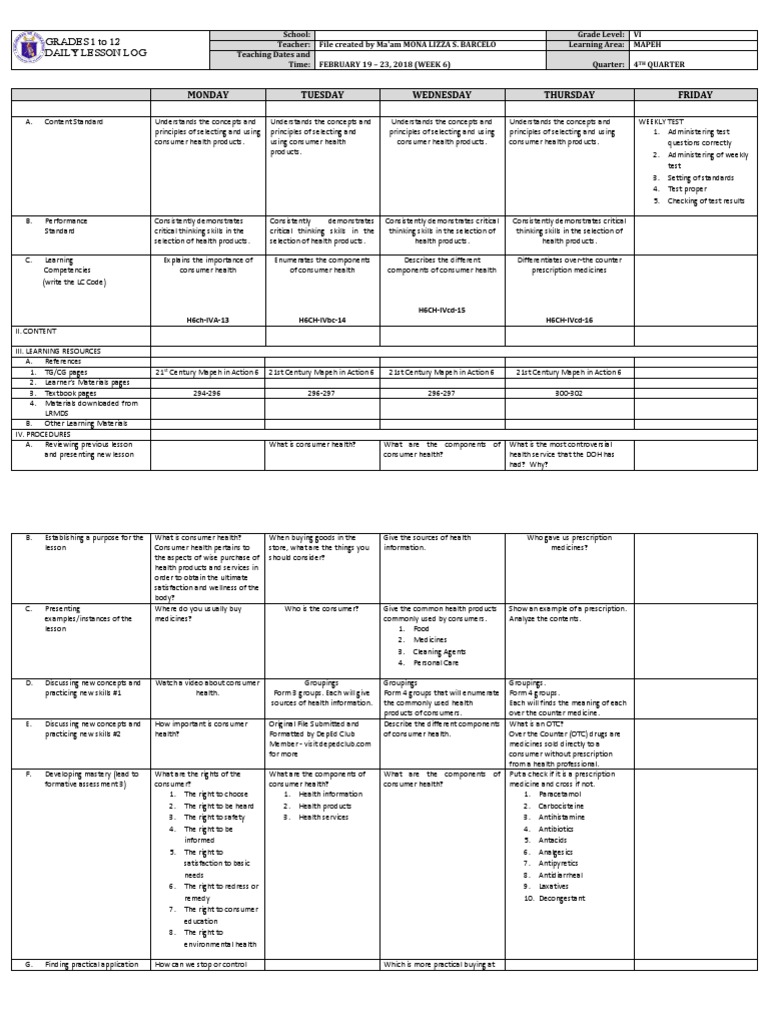 DLL - Mapeh 6 - Q4 - W6 | PDF | Over The Counter Drug | Change