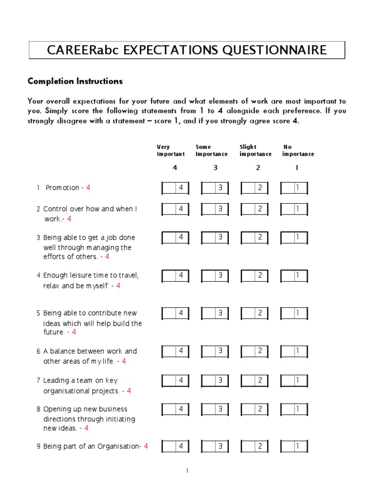 Careerabc Expectations Questionnaire: Completion Instructions | PDF ...