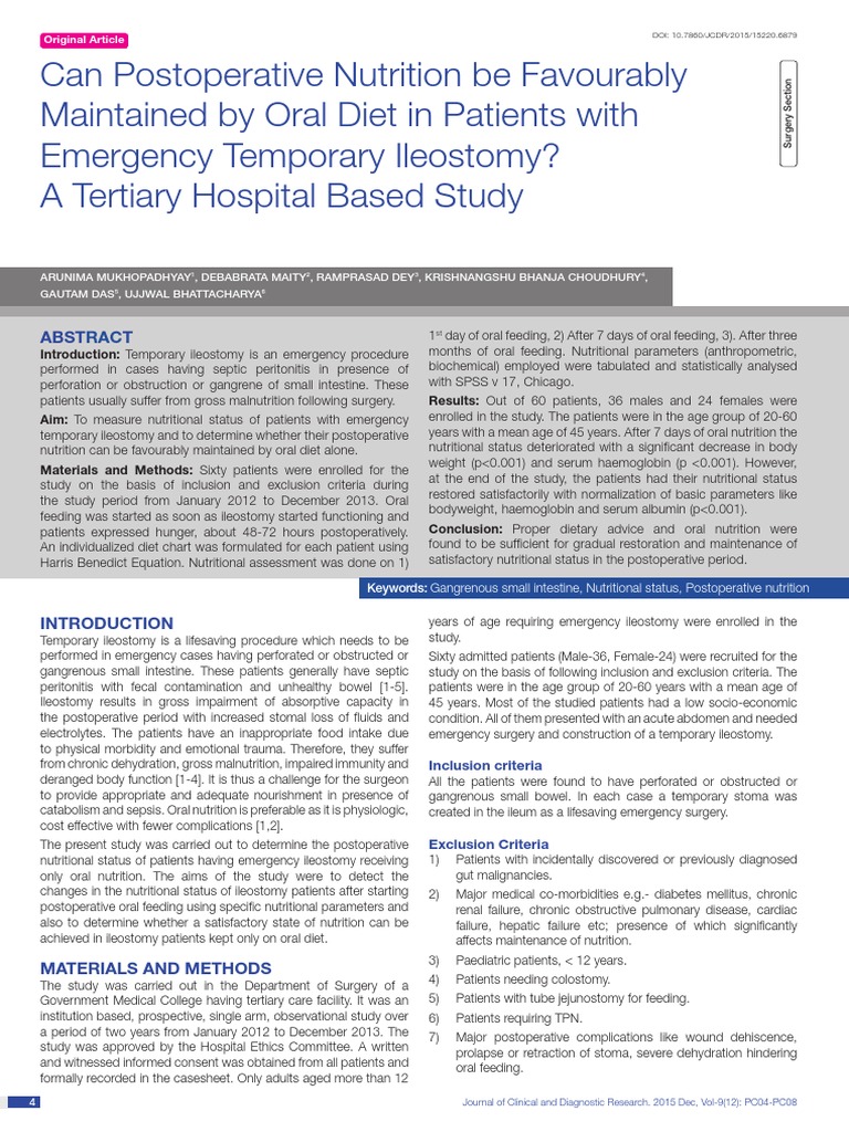 Can Postoperative Nutrition Be Favourably Maintained by Oral Diet in ...