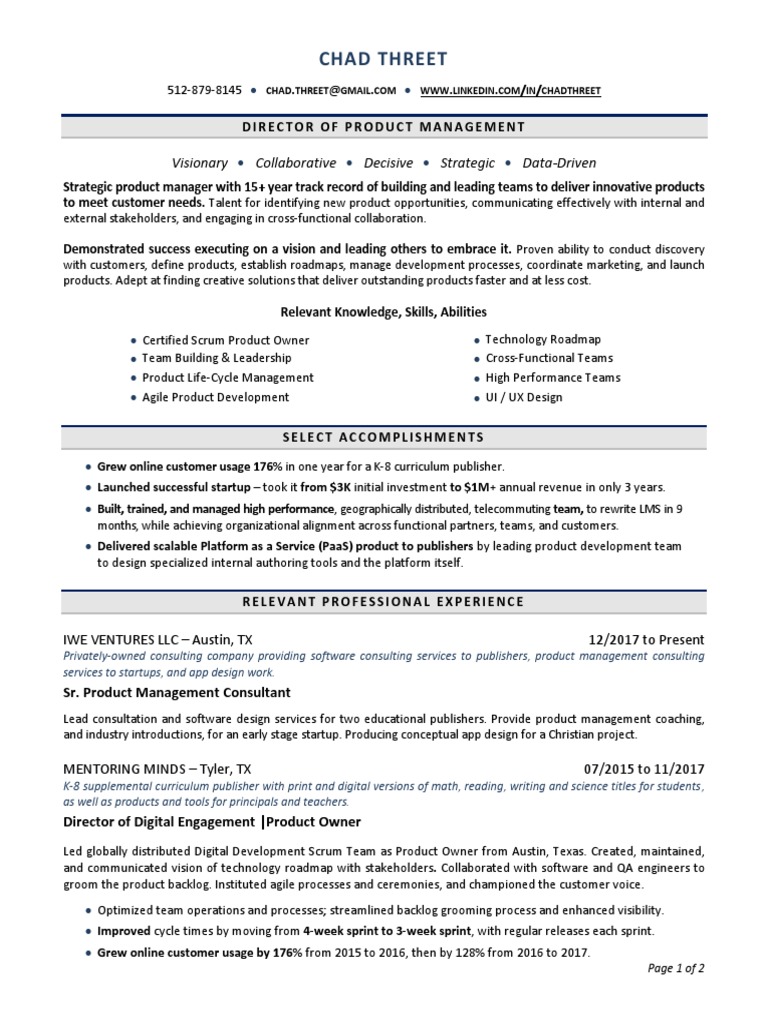 Product Management Software Director in Austin TX Resume Chad Threet | PDF | Scrum (Software ...