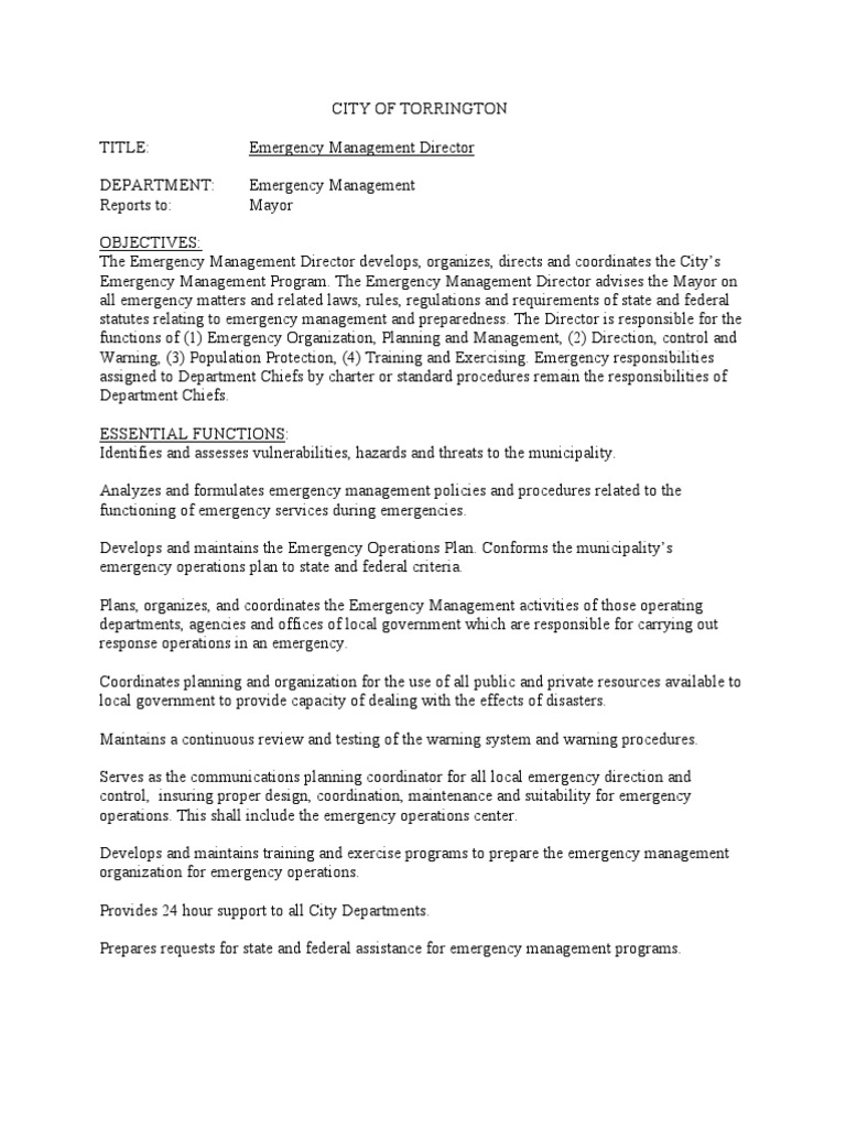 Torrington Emergency Management Director Job Description | PDF ...
