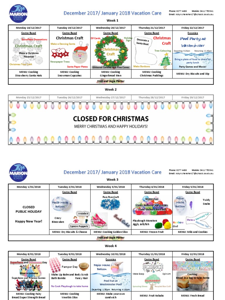 December 2017-January 2018 Vacation Care | PDF | Christmas | Leisure