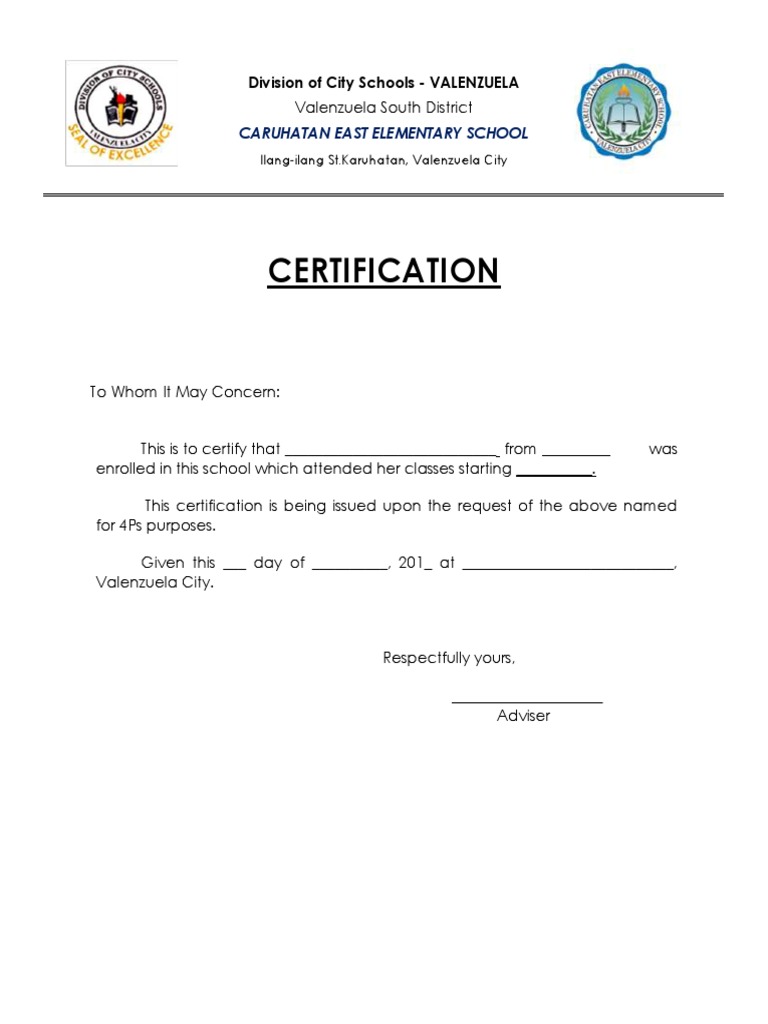 Certification of Enrollment at Caruhatan East | PDF