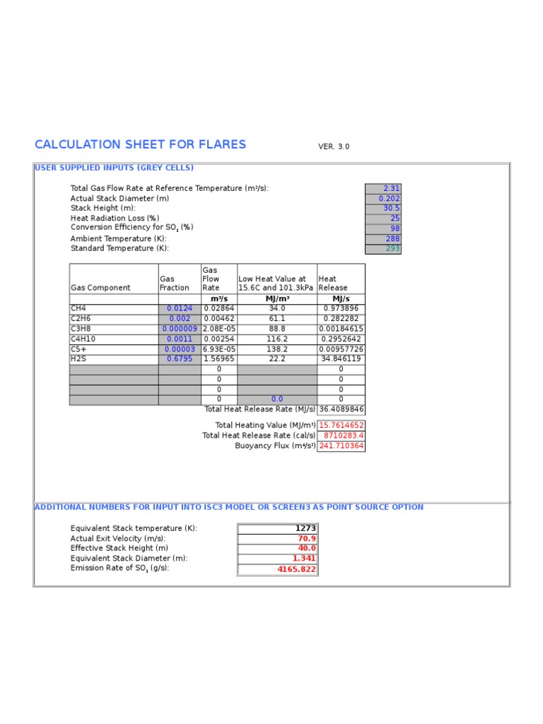 Calculation Sheet For Flares: User Supplied Inputs (Grey Cells) | PDF ...