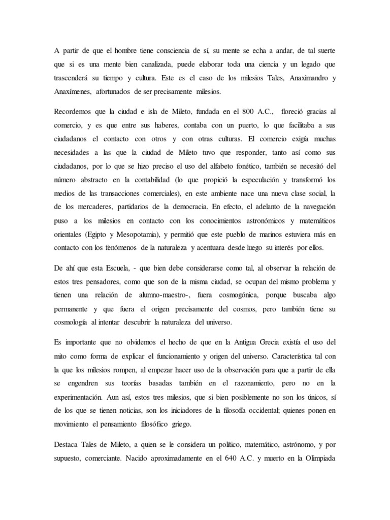 Filosofía de los Milesios en Mileto | PDF | Epistemología | Metafísica