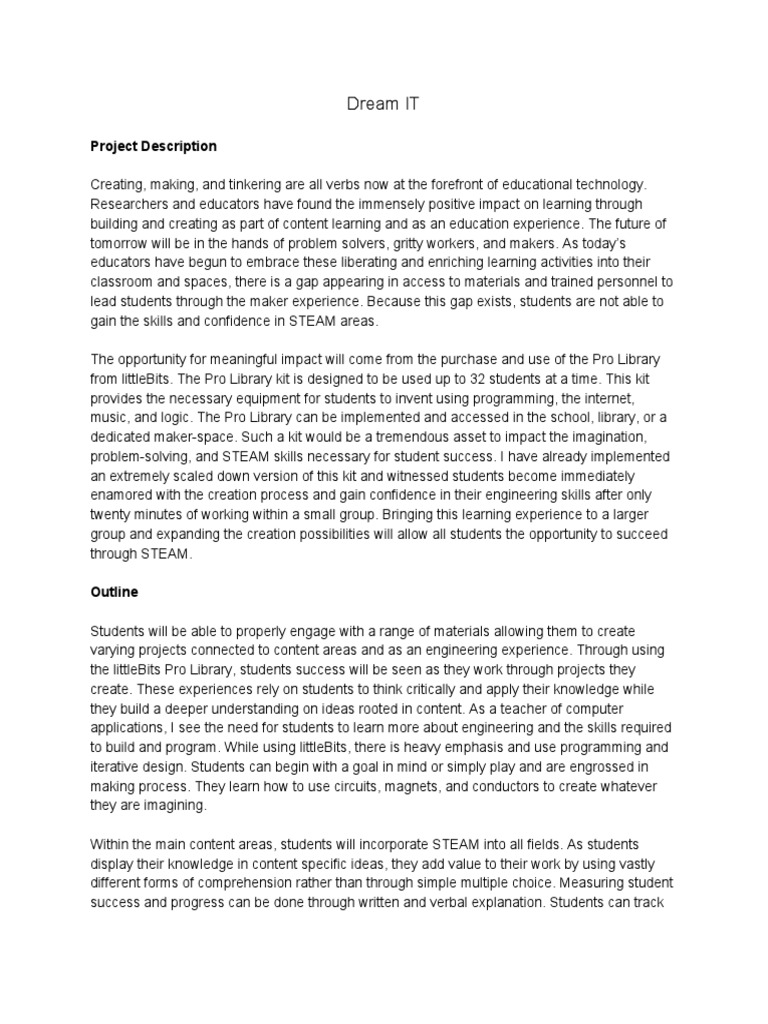 Dreamit Project Description-2 | PDF | Teachers | Learning
