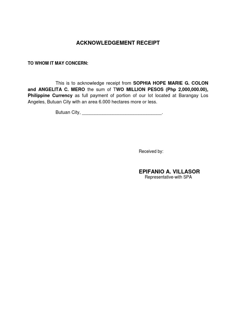 Acknowledgement Receipt: This Is To Acknowledge Receipt From SOPHIA ...