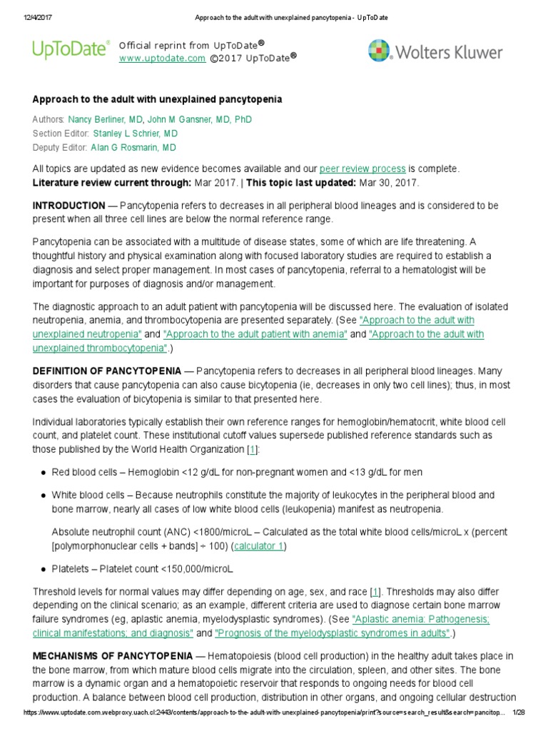 Approach To The Adult With Unexplained Pancytopenia - UpToDate | PDF ...