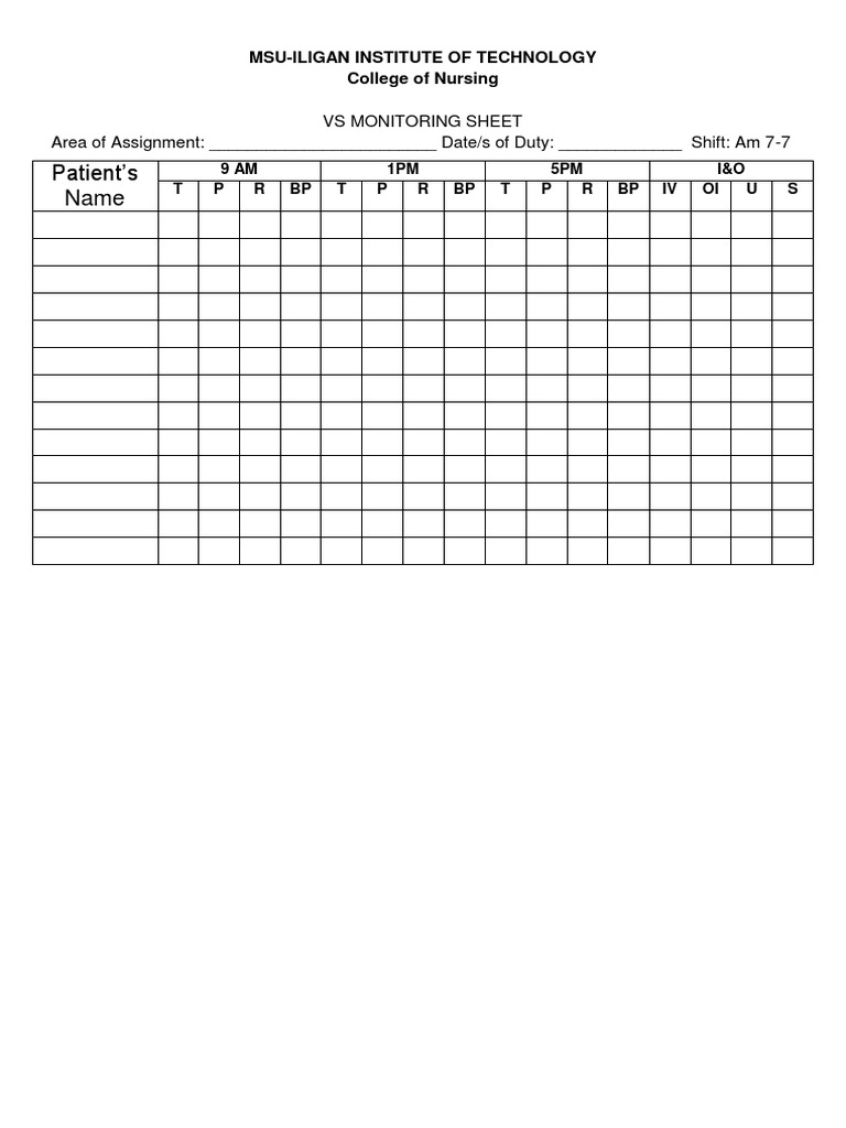 Nursing VS Monitoring Sheet Template | PDF | Science & Mathematics ...