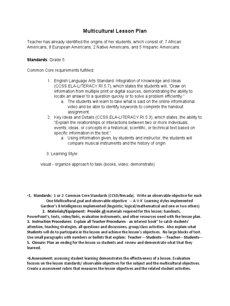 Multicultural Lesson Plan: Standards | PDF | Lesson Plan | Goal