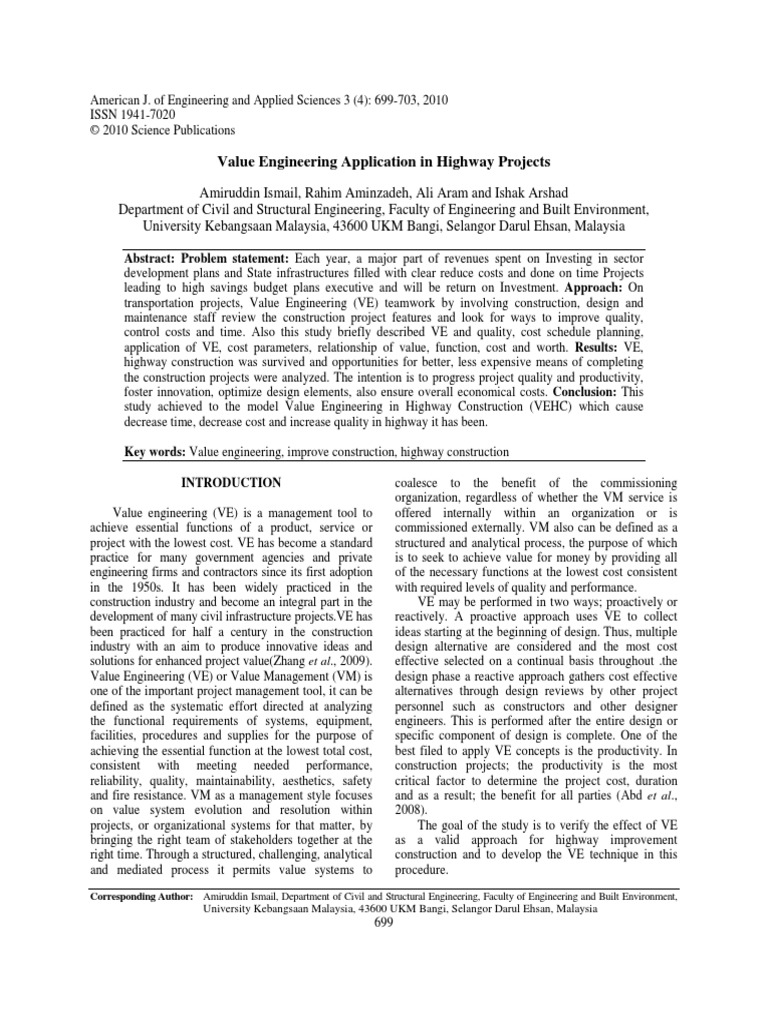 Value Engineering Application in Highway Projects | PDF | Regression ...