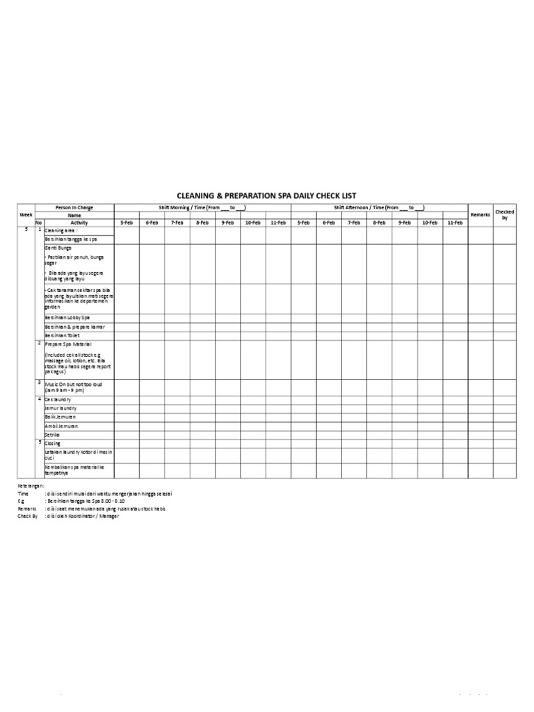 Spa Daily Checklist | PDF